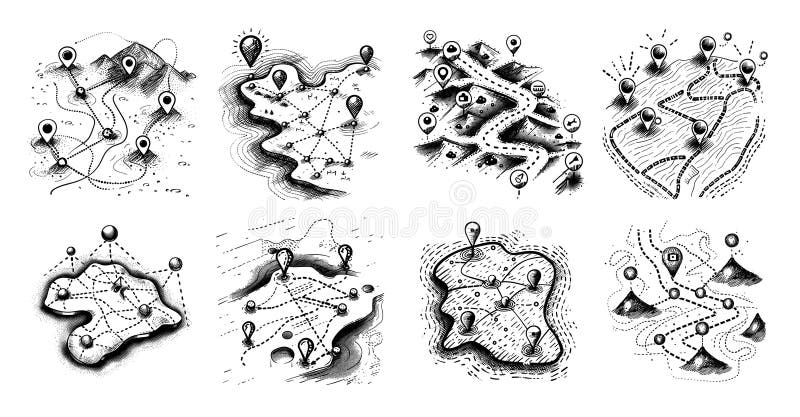Tactical Plan Pencil Sketch Vector Set. Lines Dots Pinbars Markers ...