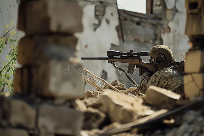 Tactical Sniper Aiming from Behind Cover in Ruins Stock Image - Image ...