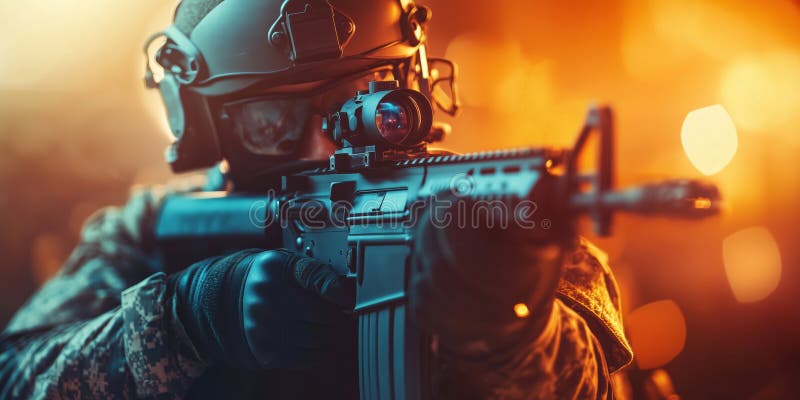 Tactical Soldier Aiming Rifle with Advanced Optics in Dramatic Lighting ...