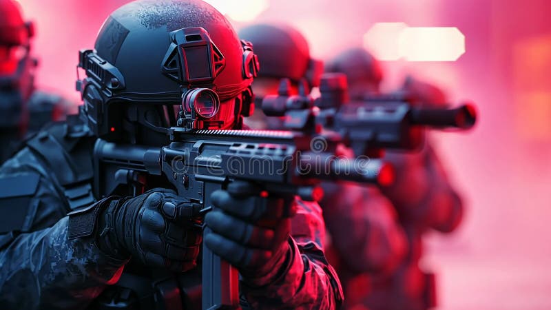 A Tactical Unit Prepares for Action, Armed and Ready, in a Red-lit ...