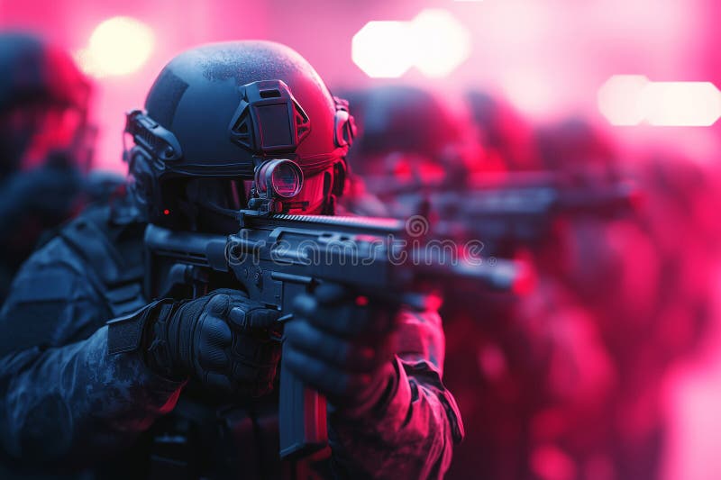 A Tactical Unit Prepares for Action, Armed and Ready, in a Red-lit ...