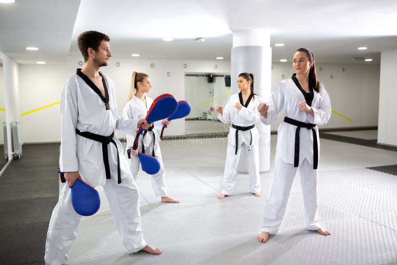 Taekwondo Training with Kick Pad Targets Stock Image - Image of master ...