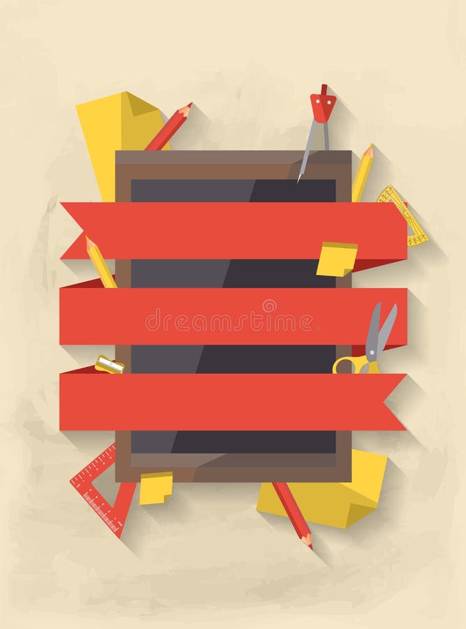 Tafel Mit Rotem Band Und Schulbedarf Vektor Abbildung - Illustration ...