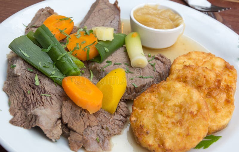 Tafelspitz Boiled Filet of Beef with Vegetables and Fried Potato Cake ...