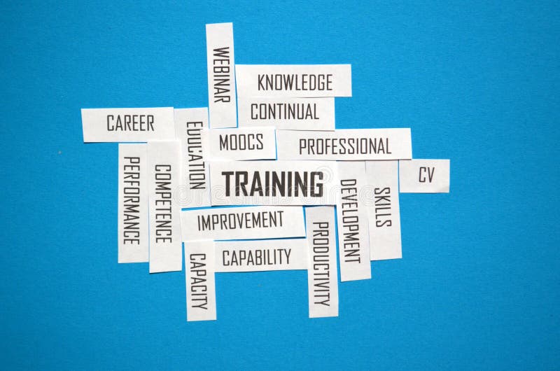 TRAINING Paper Tag Cloud on Blue Background Stock Photo - Image of ...