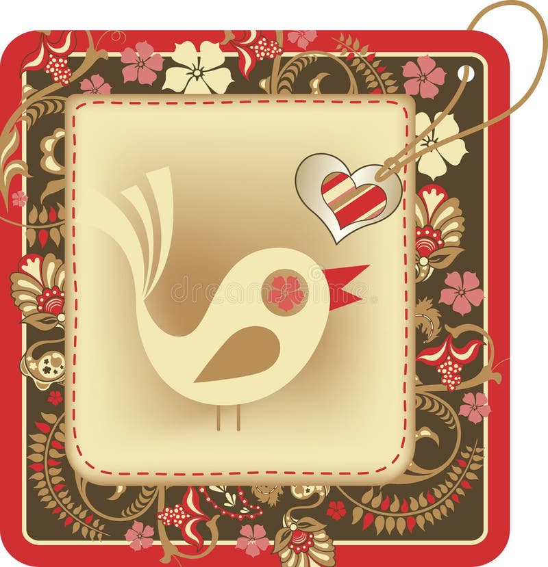 Tag with Floral Frame and Cartoon Bird Stock Vector - Illustration of ...