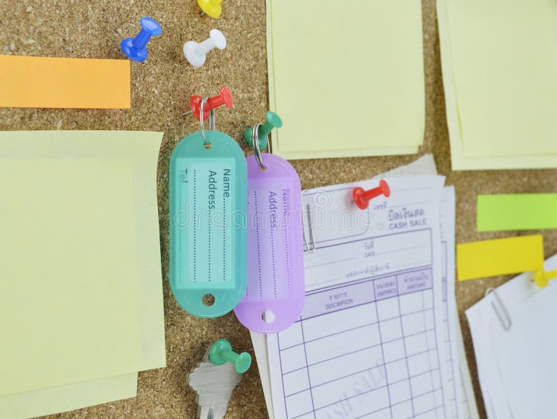 Tag Name, Colorful Sticky Notes and Key on Cork Board Stock Photo ...
