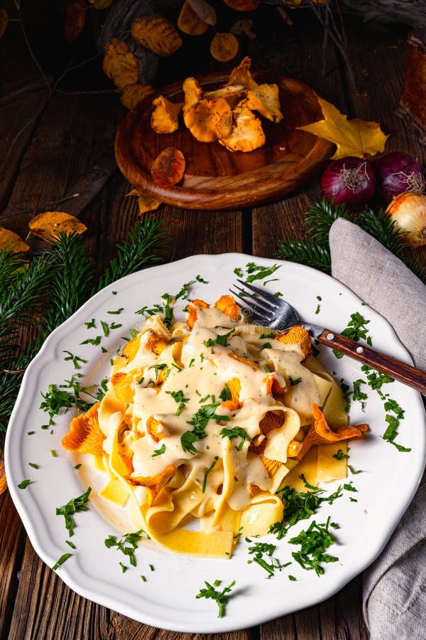 Tagliatelle with Fresh Chanterelles in a Mushroom Sauce Stock Photo ...