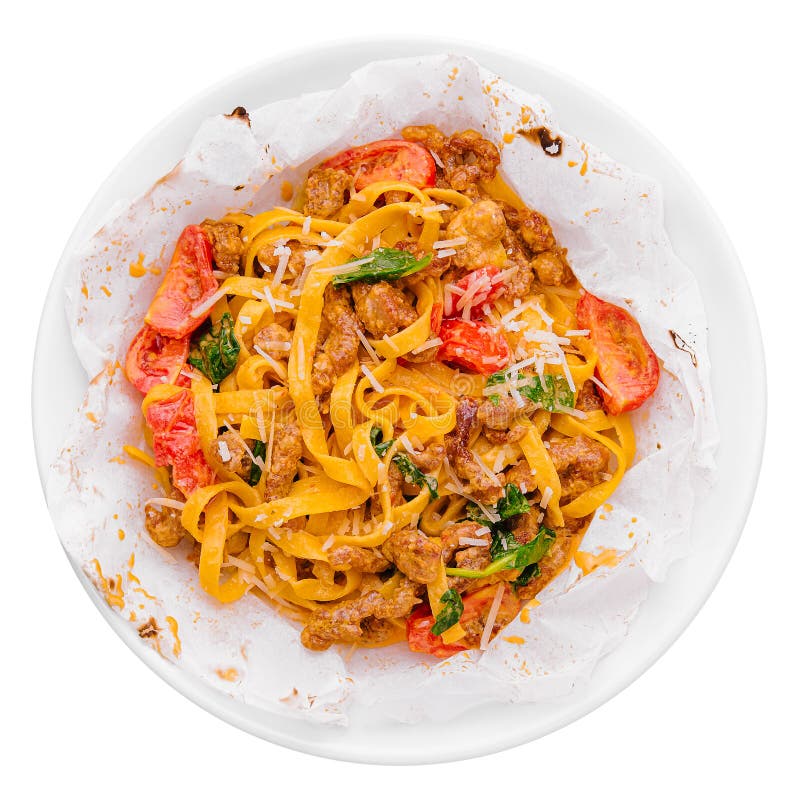 Tagliatelle Pasta with Grilled Chicken Fillet and Tomatoes Stock Photo ...