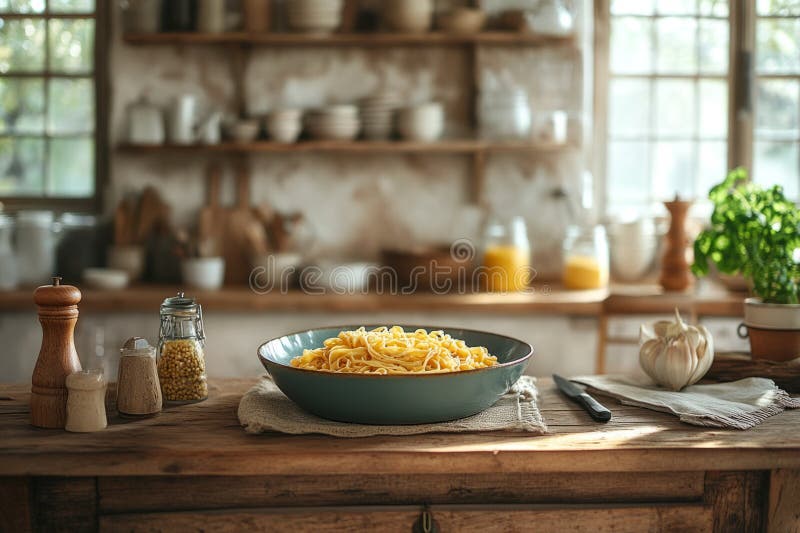 Tagliatelle Pasta is Served in a Bowl on a Rustic Wooden Kitchen Table ...