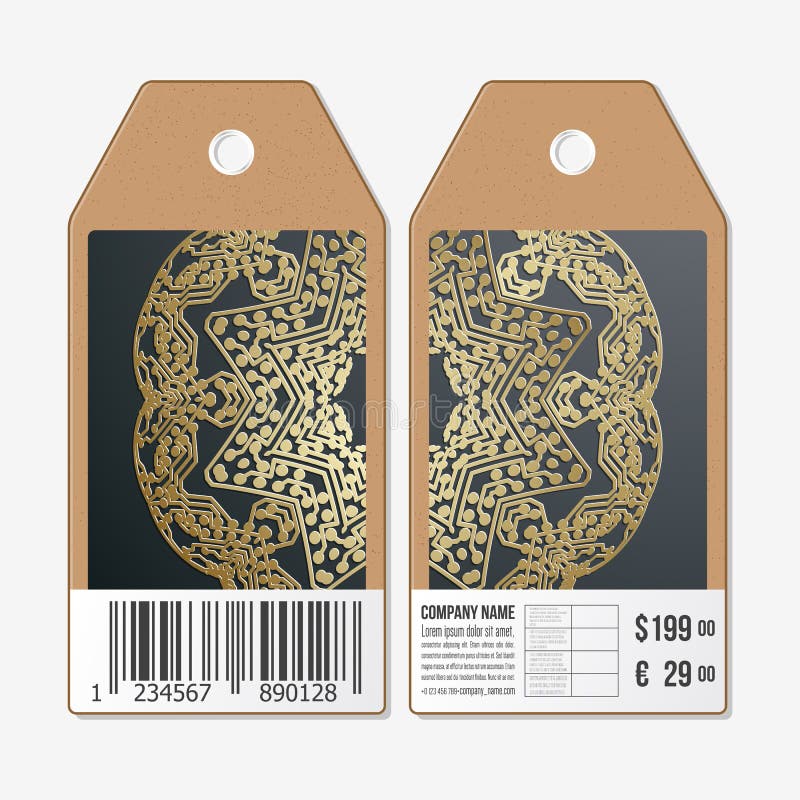 Tags Design on Both Sides, Cardboard Sale Labels with Barcode. Golden ...