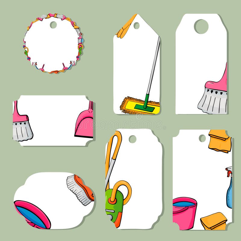 Tags with Spring Tools for Cleaning. Hand Drawing. Vector Illustration ...