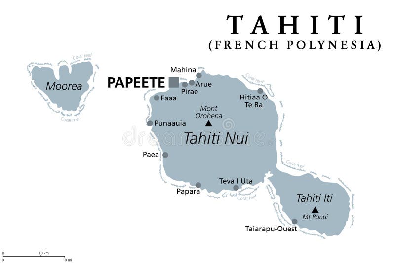 Tahiti, French Polynesia, Part of Society Islands, Gray Political Map ...