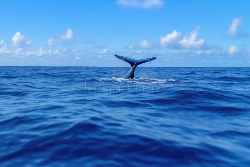 Tail Fin of a Diving Whale among the Waves in the Ocean Stock ...