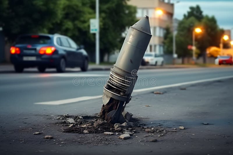The Tail of Rocket Sticking. Unexploded Shell. Rocket from Grad Stuck ...