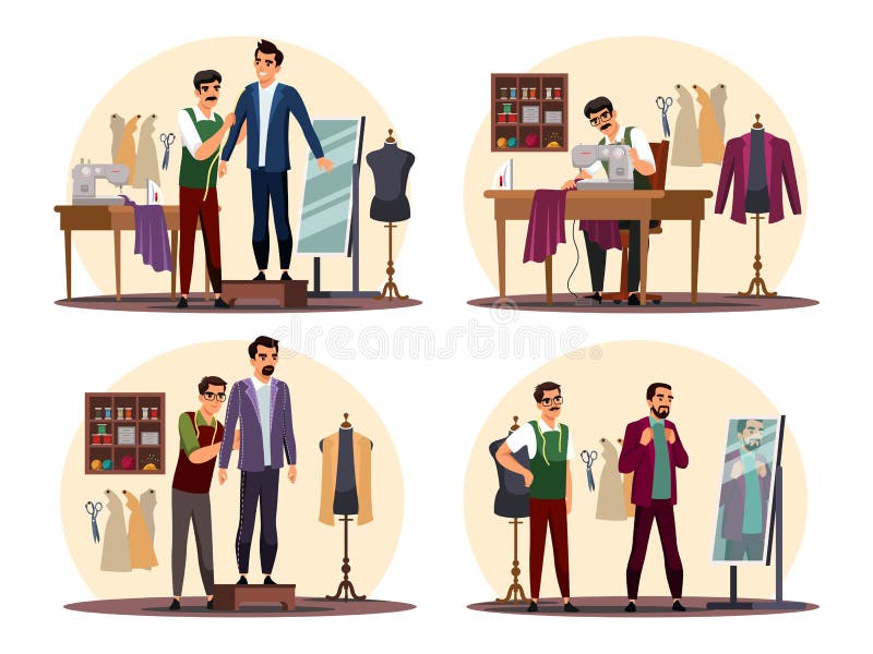 Tailor and Customer at Atelier Shop Scene Set Stock Vector ...