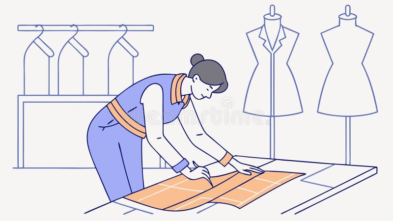 A Tailor Cutting Fabric on a Large Table in a Workshop, Vector Design ...