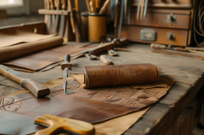Tailor Cutting Leather Using a Pattern on Workbench Stock Photo - Image of precision, tools ...