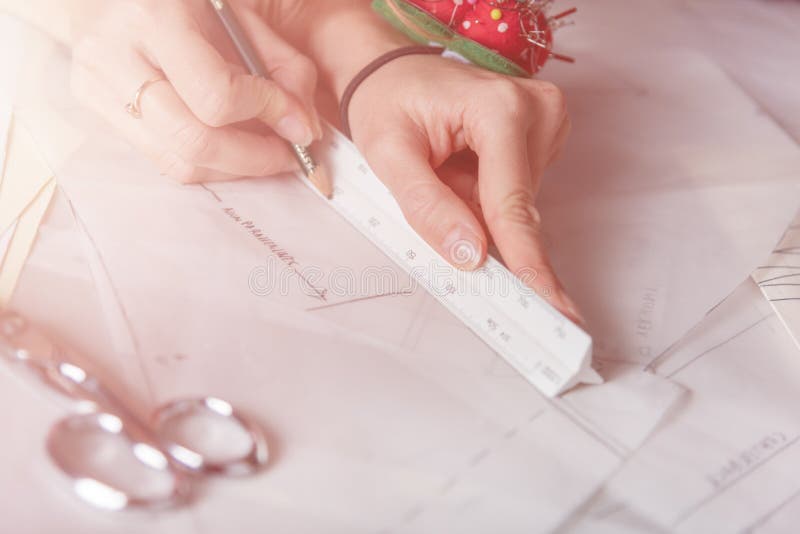 Tailor Drawing Sewing Pattern Close Up. Stock Image - Image of scissors ...