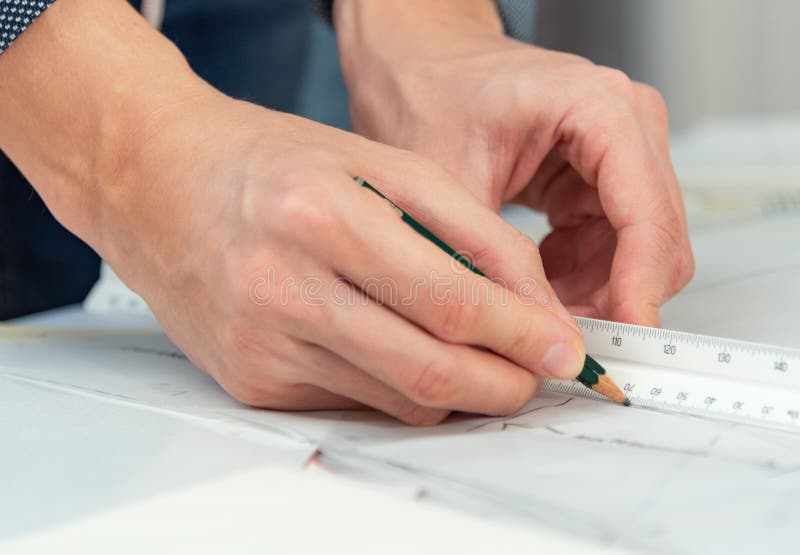 Tailor Drawing Sewing Pattern Close Up. Stock Photo - Image of ...