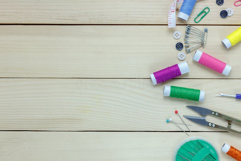 Tailor Items on Wooden Background with Copy Space. Stock Image - Image ...