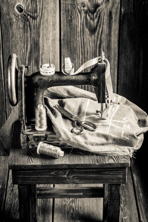 Tailor Machine with Scissors, Cloth and Threads Stock Image - Image of ...