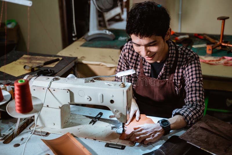 Tailor Man Using Sewing Machine with Table Lamp Stock Image - Image of ...