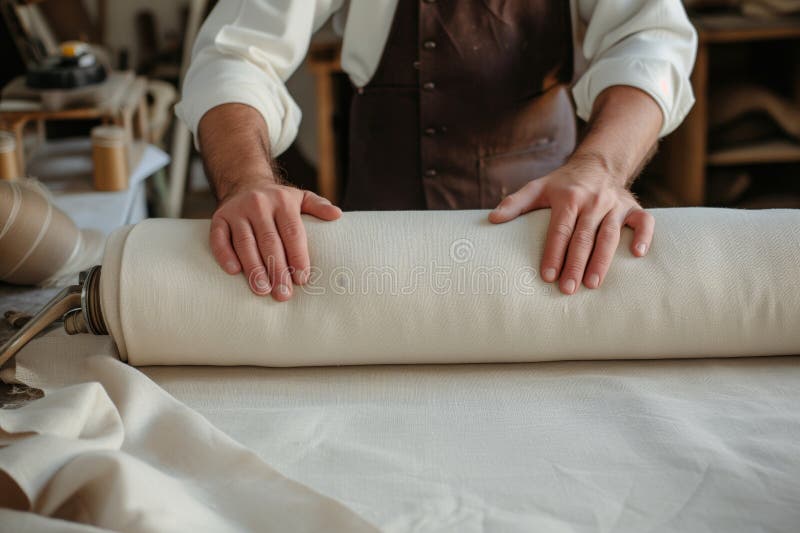 Tailor Rolling Out a Bolt of Cotton Fabric Onto the Table Stock Image ...