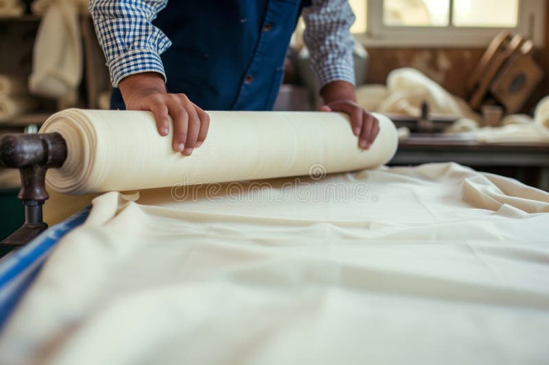 Tailor Rolling Out a Bolt of Cotton Fabric Onto the Table Stock Image ...