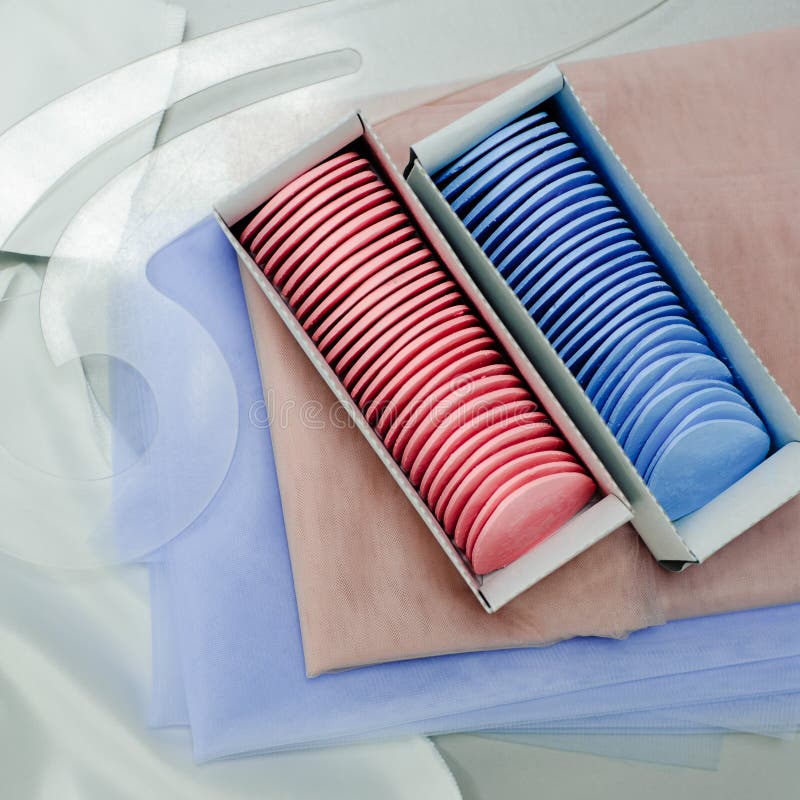 Tailor`s Flat Lay. Blue and Pink Tailor`s Chalk in Boxes, Template and ...
