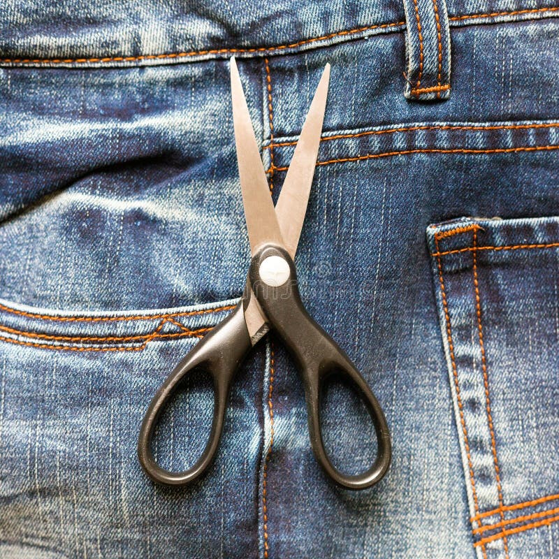 Tailor`s Scissors on Denim Pants. Close-up Stock Image - Image of close ...