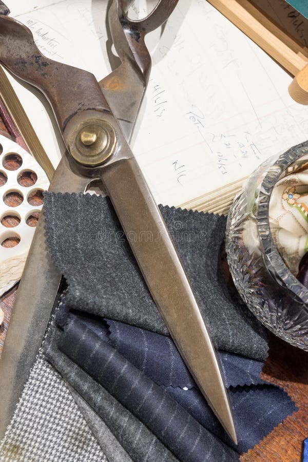 Tailor`s Scissors and Suit Swatches Stock Photo - Image of ...