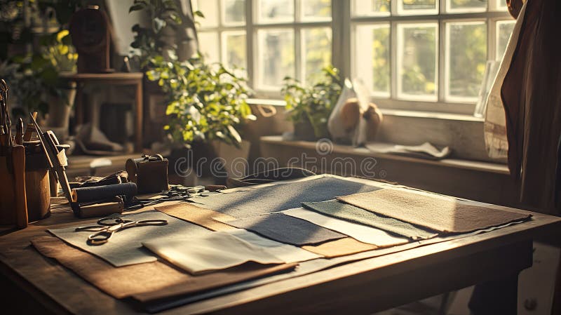 Tailor S Table with Fabric Swatches and Scissors, Sunlit Workspace ...