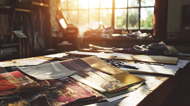 Tailor S Table with Fabric Swatches and Scissors, Sunlit Workspace ...