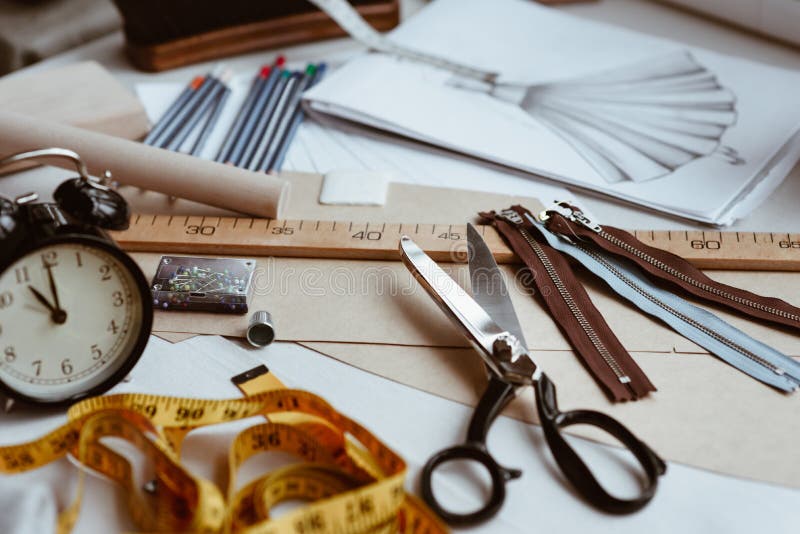 Tailor`s Tools, Scissors, Measure Tape and Ruler on the Sartorial Work ...