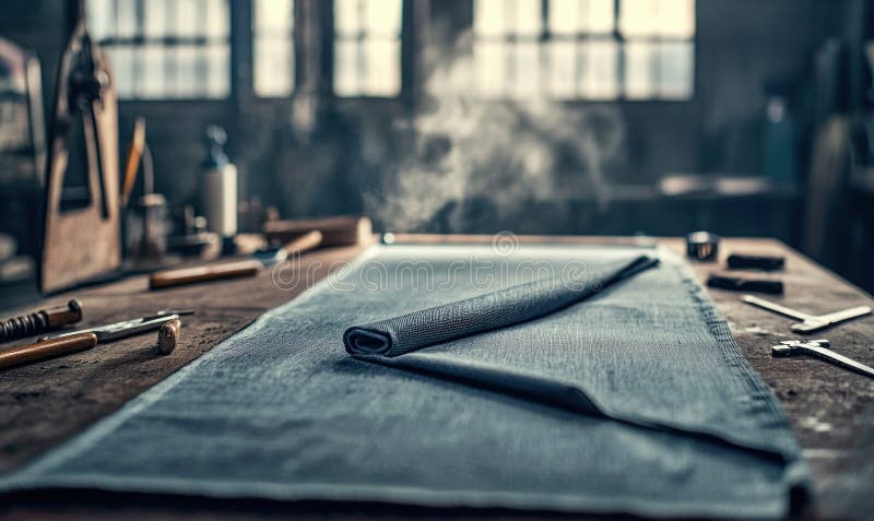 A Tailor S Workspace is Set Up with a Patterned Fabric and Tools, Ready ...
