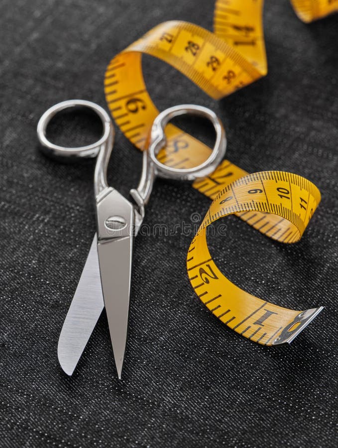 Tailor Scissor and Tape Measure on Textile Stock Photo - Image of ...