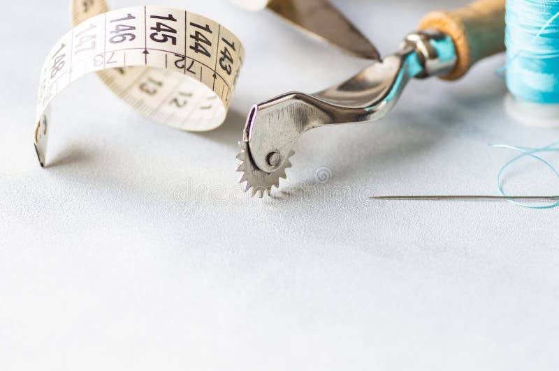 Sewing Concept. Tailor Scissors, Measuring Tape, a Spool of Thread and ...