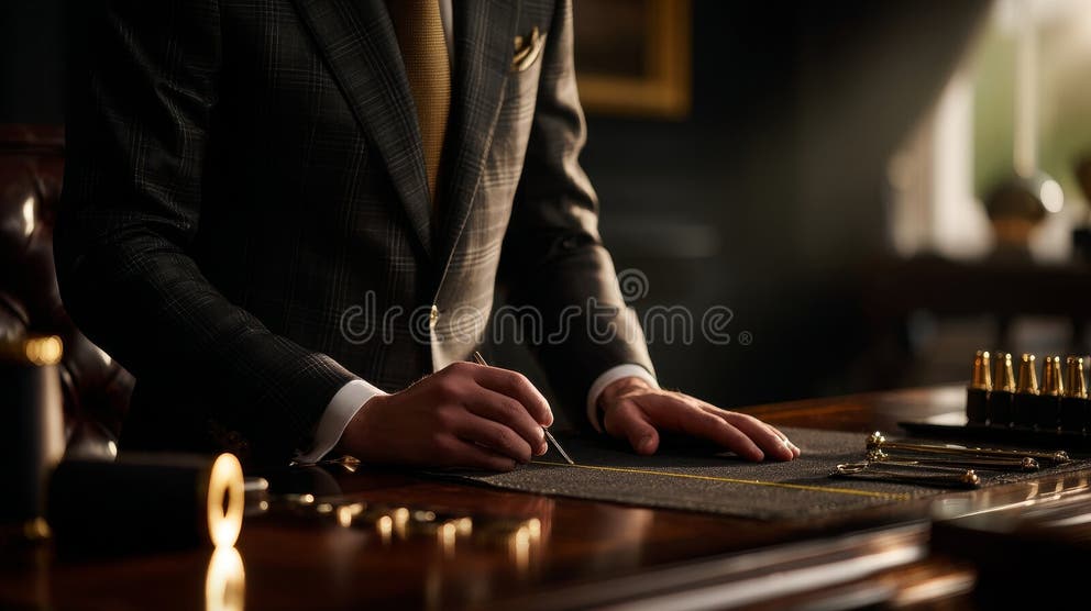 Tailor Sewing Black Cloth for Suit with Needle and Thread Stock ...