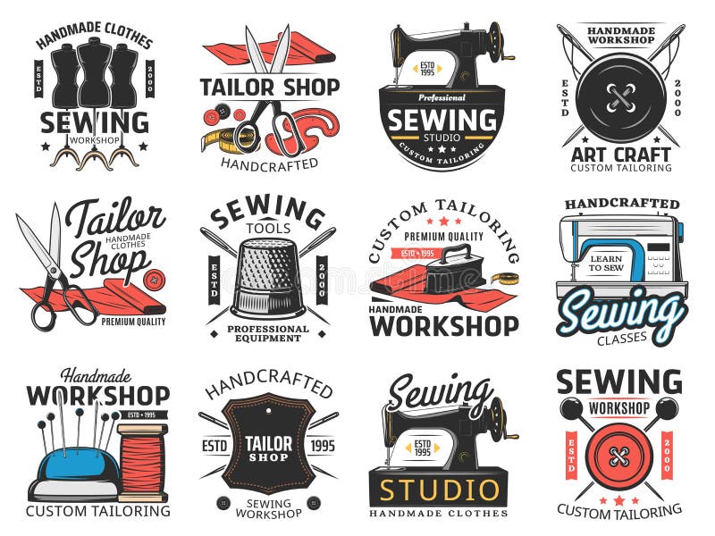 Tailor Shop, Sewing Studio and Workshop Icons Stock Vector ...