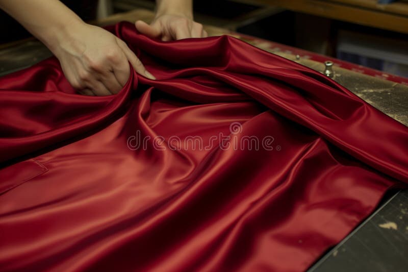 Tailor Smoothing Out a Bolt of Red Silk on a Cutting Table Stock Photo ...