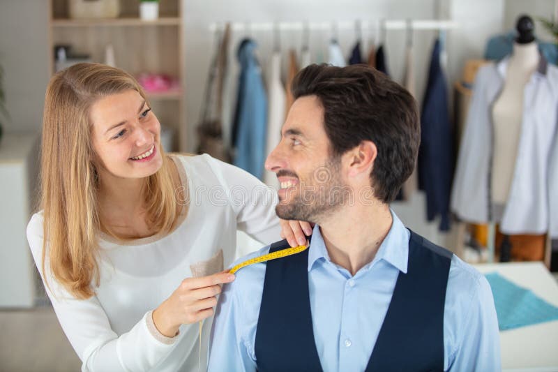 Tailor Standing Near Male Client Measuring Back Stock Image - Image of ...