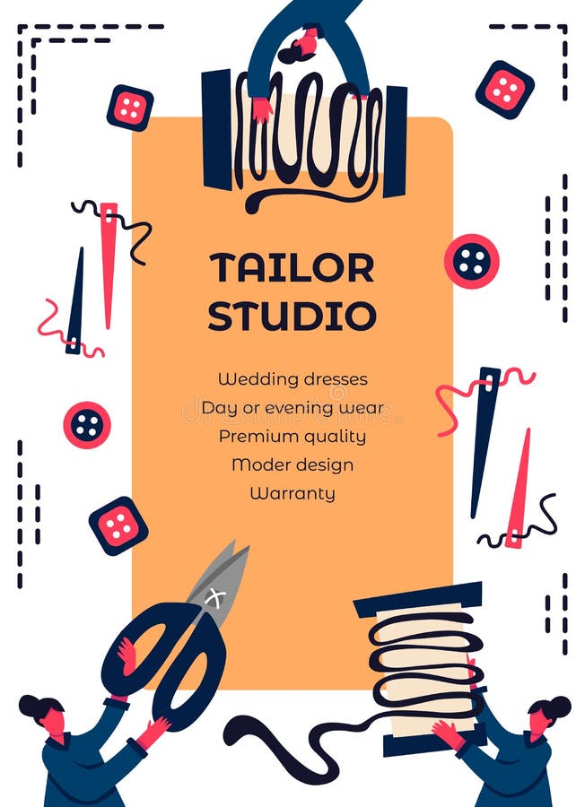 Tailor Studio Promo Poster Template with Flat Tiny People Stock Vector ...