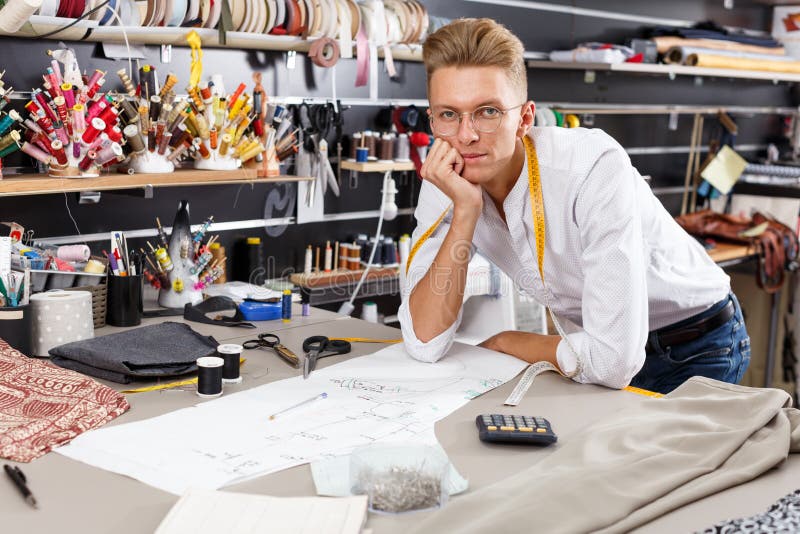 Tailor Using Tape Measure for Creating Pattern Stock Image - Image of ...