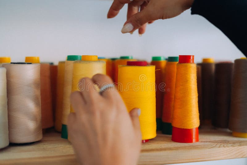 Tailor Woman Choosing Colorful Thread Stock Photo - Image of white ...