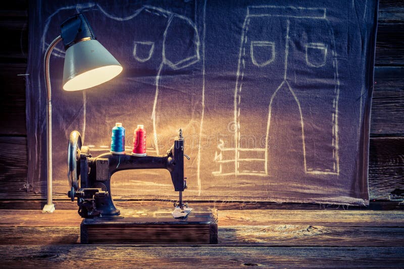 Tailor Workshop with Cloth and Sewing Machine Stock Image - Image of ...