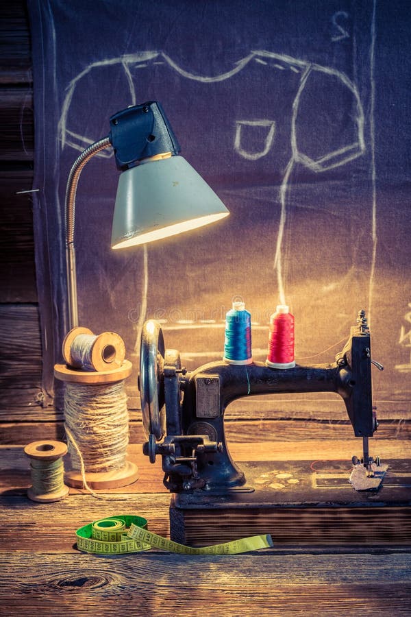 Tailor Workshop with Scissors, Threads and Sewing Machine Stock Photo ...