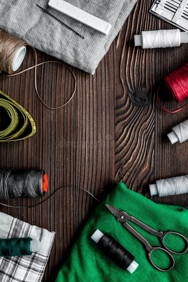 Tailor Workspace with Sewing and Handmade Tools Wooden Desk Back Stock ...