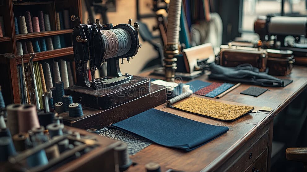 A Tailor Workspace with Spools of Thread, Fabric Swatches, and a Stock ...