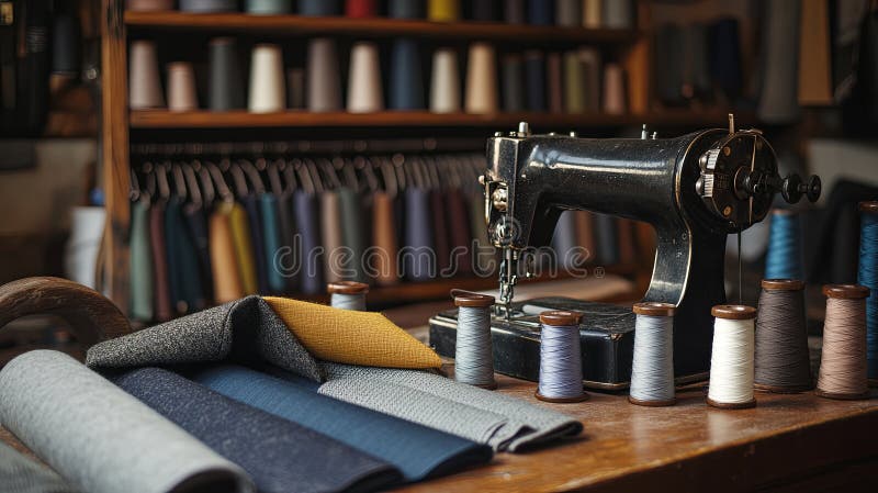 A Tailor Workspace with Spools of Thread, Fabric Swatches, and a Stock ...